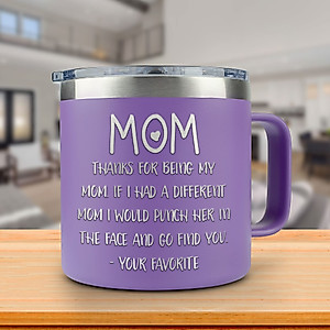 HYTURTLE Thanks For Being My Mom I Funny Coffee Purple 14oz Stainless Steel Mug/Tumbler Gift For Women, Gifts For Mom On Birthday, Christmas