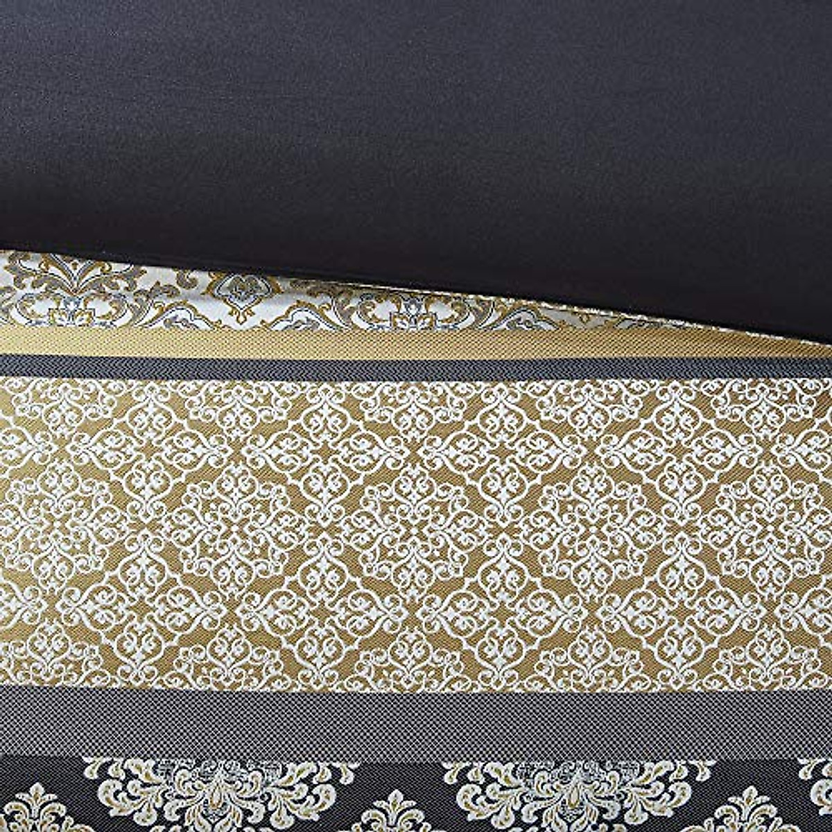 Madison Park Essentials Windsor 24-Piece Room in A Bag Comforter Set-Satin Jacquard All Season Luxury Bedding, Sheets, Decorative Pillows and Curtains, Valance, Queen (90 in x 90 in), Black/Gold