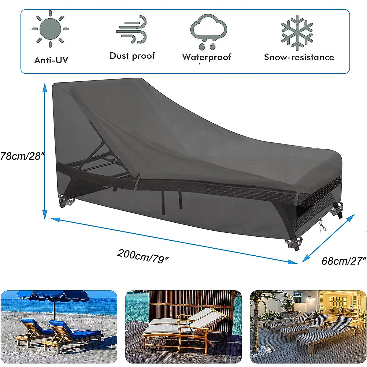 SIRUITON 2 Pack Outdoor Patio Chaise Lounge Covers Heavy Duty with Durable and Water Resistant Fabric,78" L X 27" W X 28" H,Black