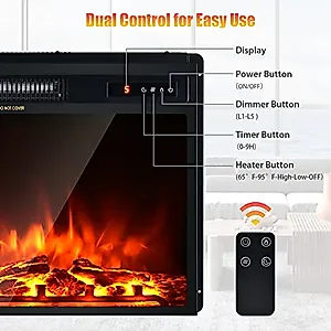 Tangkula 18 Inch Recessed Electric Fireplace Insert, 1500W Freestanding Fireplace Stove Heater W/Adjustable Flame Effect & Temperature, Built-in Thermostat, Timing Function, Remote Control