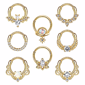 SAILIMUE 8Pcs 16G Septum Rings Daith Earrings Septum Piercing Jewelry 316L Stainless Steel CZ Opal Dangle Hinged Segment Septum Clicker Nose Rings Hoop Piercing Jewelry Gold 8MM