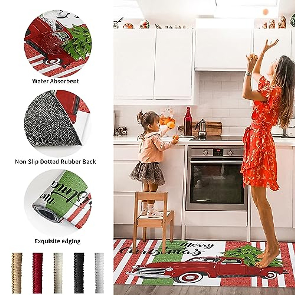 2 Pieces Kitchen Rugs and Mats Set, Christmas Truck Xmas Tree Red Green Stripe Kitchen Mats Cushioned Floormat Non Slip Runner Rug Set for Kitchen Laundry Entryway Decor, 15.7"x23.6"+15.7"x47.2"