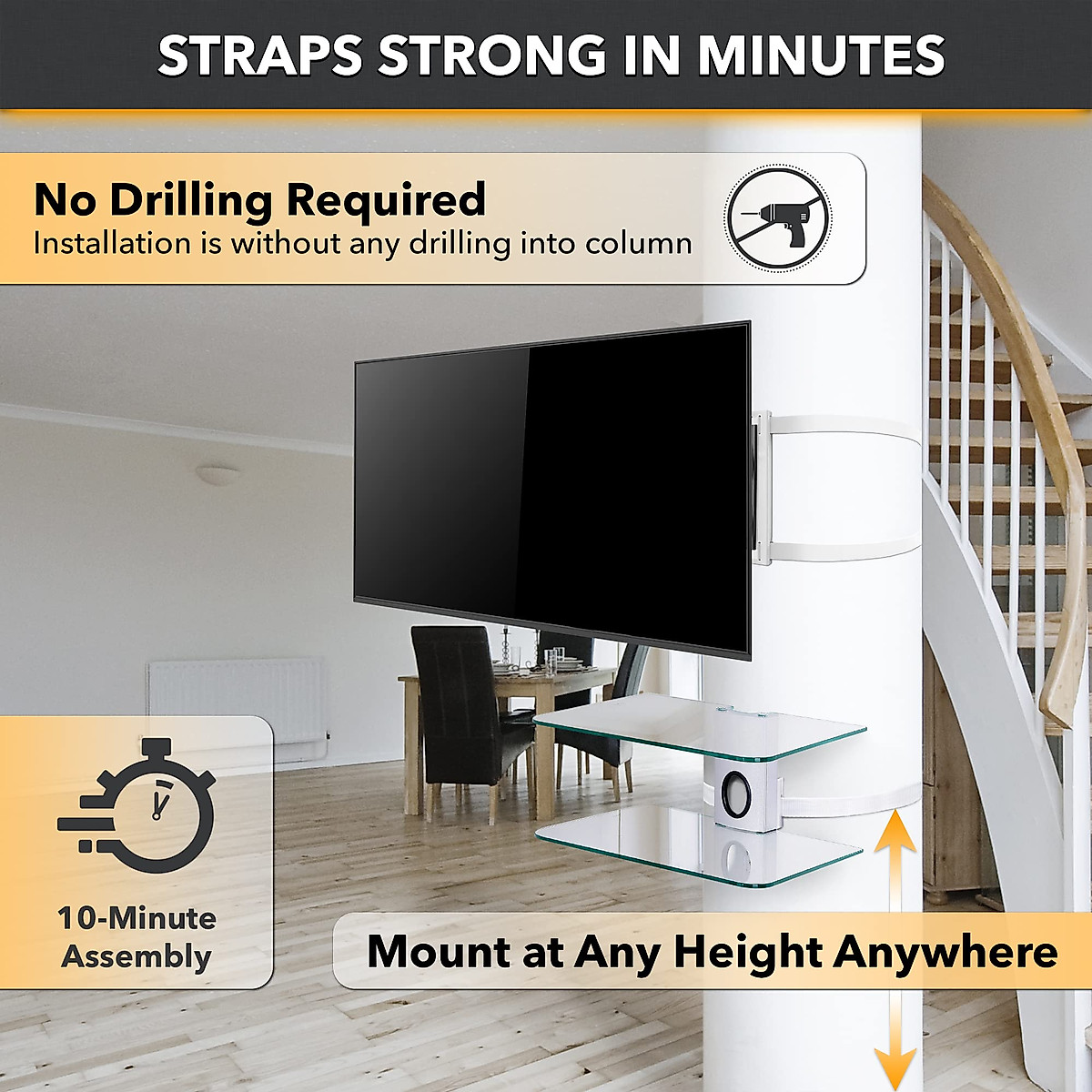 CondoMounts CLMDLSW1002 Pillar & Wall Floating Shelves for Soundbars, Gaming Consoles | No Drill Pillar & Wall Shelf | Holds 40lbs | Fits Pillars 8-in to 48-in Post | Fits No Stud Walls | Clear Glass