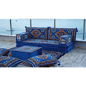 Royal Blue 8" Thickness Arabic Floor Sofa, Meditation Yoga Loveseat, Sectional Sofa, Arabic Majilis, Healing Room Floor Cushion, Sofa Covers (Sofa Full Set)