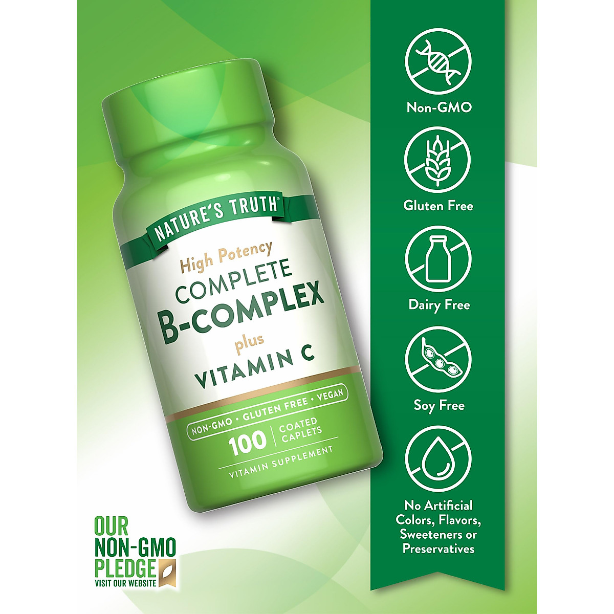 Nature's Truth Vitamin B Complex Plus Vitamin C | 100 Caplets | Vegan, Non-GMO & Gluten Free Supplement