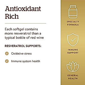 Solgar Resveratrol with Red Wine Extract, 250 mg, 60 Softgels - Antioxidant Protection - Immune Support - Red Wine Polyphenol - Non-GMO, Gluten Free, Dairy Free - 60 Servings