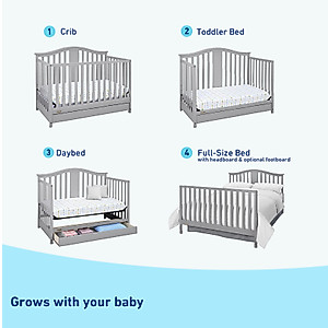 Graco Solano 4-in-1 Convertible Crib with Drawer (Pebble Gray) – GREENGUARD Gold Certified, Crib with Drawer Combo, Includes Full-Size Nursery Storage Drawer, Converts to Toddler Bed and Full-Size Bed