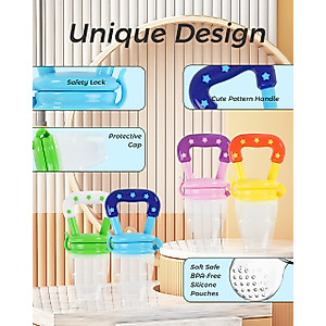 Baby Fruit Feeder, Baby Food Feeder,Teething Pacifier (4 Pack), Baby Fruit Pacifier Feeder, Soft Safe BPA-Free Silicone Pouches, Training Massaging Toy Teether