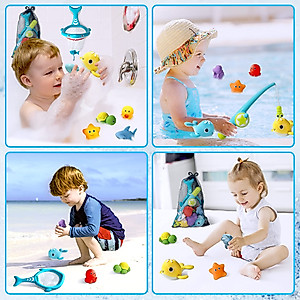 Bath Toys Fishing Game - Wind up Swimming Whales Bathtub Pool Water Table Toys with Fishing Pole Shark Net Floating Squirt Water Toys Gifts for Kids Boys Girls Toddlers Age 3 4 5 6 7 8+