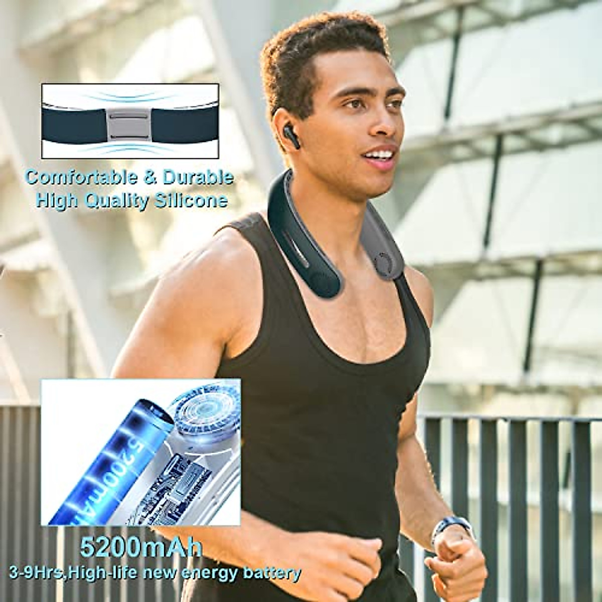 Upgraded Quad-Core Portable Neck Fan, 360° Cooling Neck Fans, 5200mAh Battery Operated, Rechargeable Personal Fan, Non-Slip Headphone Design Bladeless Fan, 3 Speeds Wearable Fan for Indoor & Outdoor