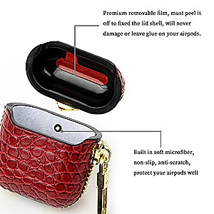 Case Cover for AirPods, YMSMY Genuine Leather AirPods 2 Case AirPods 1 Case with Stainless Steel Gold Buckle, High-end Crocodile Pattern AirPods 1&2 Case (Red)