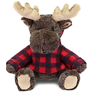DolliBu Plush Moose with Red Plaid Hoodie - Soft Huggable Wild Life Moose, Adorable Playtime Zoo Moose Plush with Clothes, Cute Wildlife Cuddle Gift for Kids and Adults
