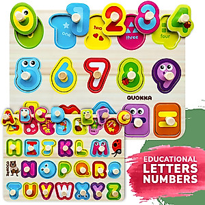 QUOKKA Wooden Puzzles for Toddlers Ages 1-3-5 in a Bag – Alphabet Learning Kids Puzzle 2-4 Year Old – Educational Wood Travel Toy with ABC Numbers Letters Animals – Gift Game for Boys and Girls