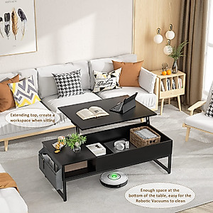 Aheaplus Lift Top Coffee Table with Storage, Wood Lifting Top Central Table Metal Frame, 43.3" Lift Tea Table with Side Pouch, Cocktail Table Modern Adjustable Table for Living Room, Black