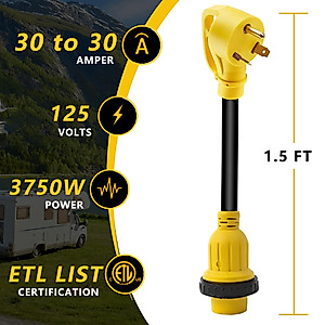 HOZHEM 30 Amp to 30 Amp RV Power Adapter Cord, NEMA TT-30P to L5-30R Generator Adapter Electrical Connector, with Locking Connector Plug, 1.5FT