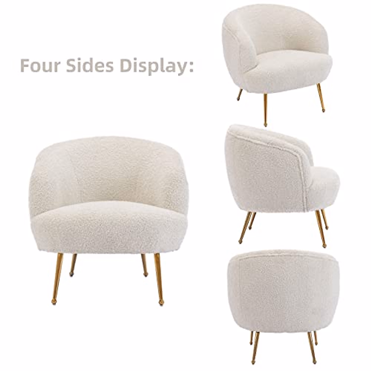 LukeAlon Sherpa Accent Chair with Ottoman Set, Upholstered Round Back Living Room Chair with Footrest Comfy Sofa Chair with Golden Metal Legs Elegant Barrel Chair for Reading Room, White