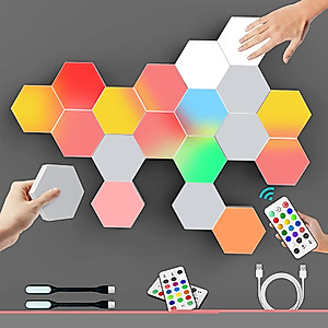 Hexagon Lights, RGB Hexagon Wall Lights with Remote, Smart Hexagonal Wall Panels, Touching LED Wall Lights with USB-Power, Splicing DIY Color-Changing Gaming Lights Used in Gift, Bedroom Decor-6 Packs