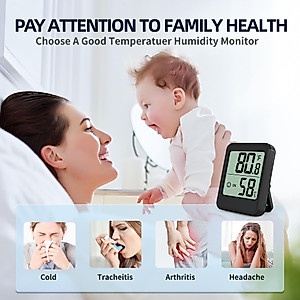 Digital Hygrometer Indoor Thermometer, 2.7in Room Thermometer Humidity Meter w/High Accurate Sensor, Home Essentials Temperature & Humidity Monitor Gauge for Bedroom, Baby Room, Greenhouse (Black)