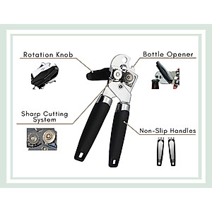 DanDam Manual Can Opener, Tin Cutter Kitchen, No Sharp Edge, Comfortable Soft Handle, Easy to Use Turn Knob, Durable Can Opener, Includes Built in Bottle Opener, Best Can Opener, Black