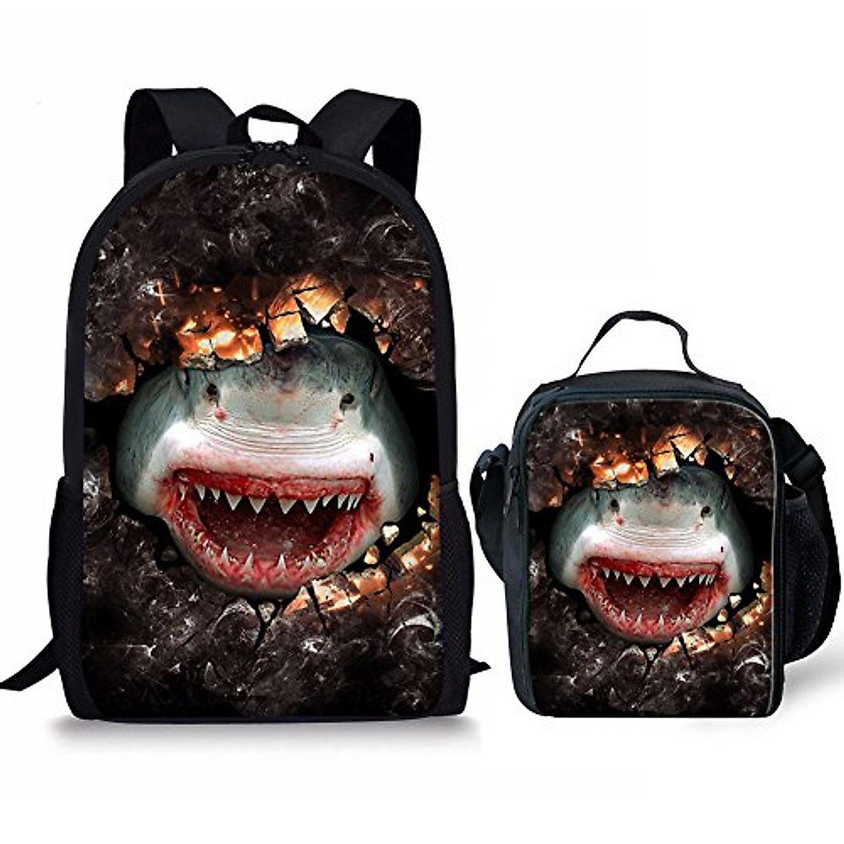 ELEIN Color Shark Printed Schoolbag Students Book Bag Set with Lunch Box Kids Backpack Adults Daypack