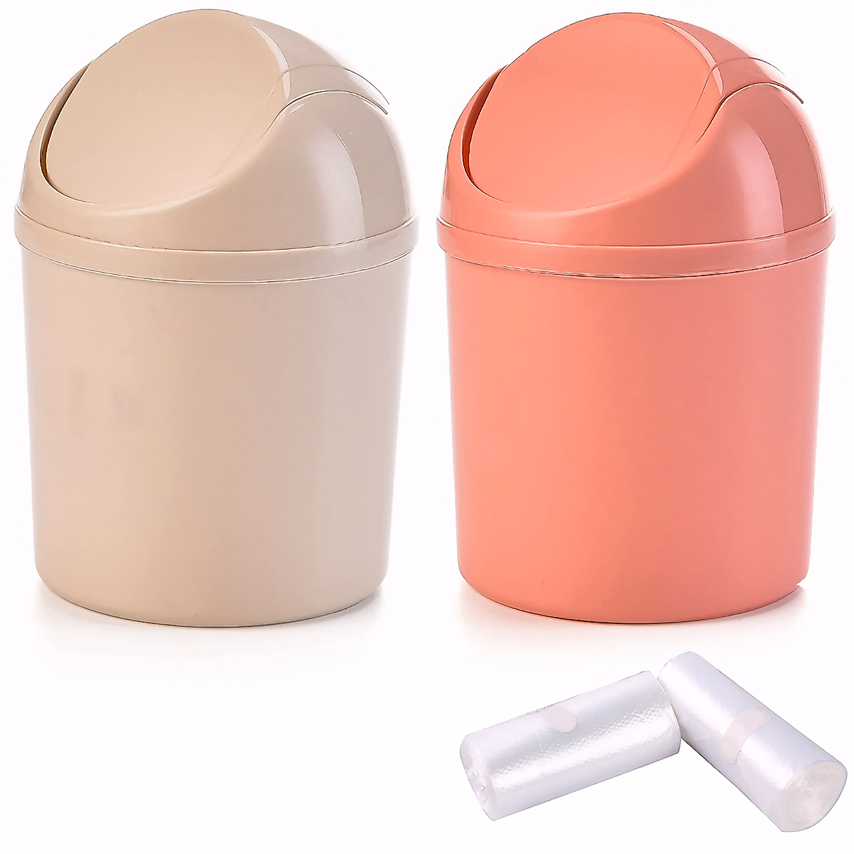 Sheebo 2Pcs Mini Trash Can with Swing Lid Wastebasket Value Packs with 100 Counts Mini Trash Bags for Bathroom Vanity, Desktop, Tabletop or Coffee Table - 2 Liter (Round Cone - Pink + Beige)