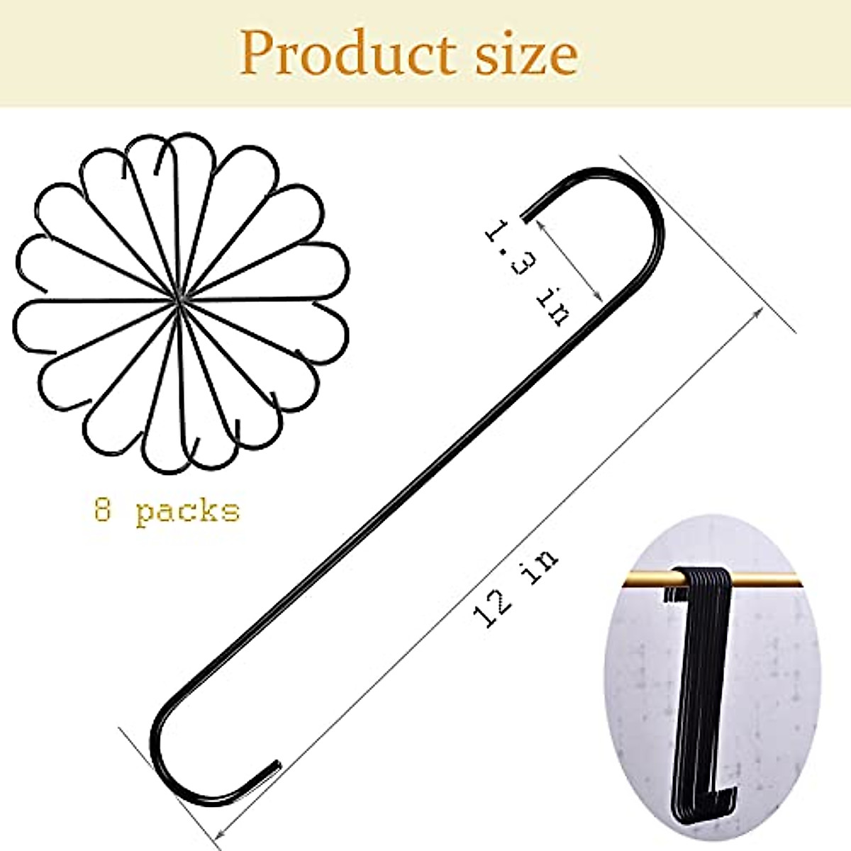 8 Pack S Hooks Heavy Duty 12 Inch Large S Shape Hooks for Hanging Plant Pots and Pans Steel Metal Hanger Hooks Black Long S-Hooks for Hanging Clothes, Plants, bird feeders, Garden Indoor Outdoor