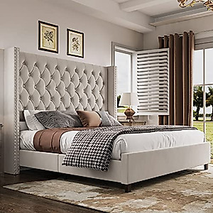 PaPaJet King Platform Bed Frame 61.4" Handmade Headboard Velvet Tall Upholstered Bed Deep Button Tufted/No Box Spring Required/Wood Slat Support/Easy Assembly/Cream