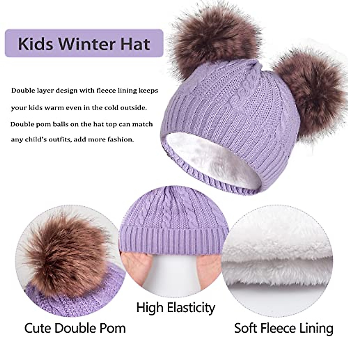 Kids Winter Hat Gloves Scarf Set Knit Beanie for Girls Boys Neck Warmer Thick Fleece Lining Thermal with Cute Pom Pom Purple Warm Cap for 6-10 Years Old Toddler, Gift for Children