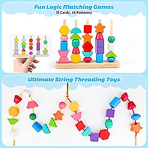 Montessori Wooden Beads Sequencing Toy Set, Stacking Blocks & Lacing Beads & Matching Shape Stacker, Montessori Toys for 2 3 4 5 Year Old STEM Preschool Learning Toys Gifts for Kids Boy Girl Toddler