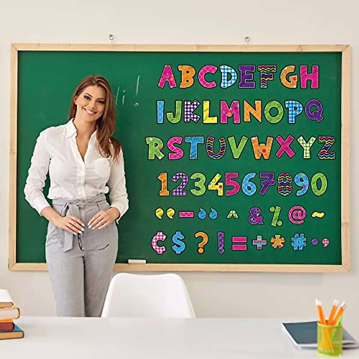 107 Pieces Bulletin Board Letters Chalkboard Letters Combo Alphabet Set Letters Number and Symbol Cutouts for Home Preschool Primary School Classroom Wall Decor, 5.51 x 5.51 Inches(Cartoon Style)