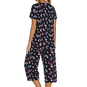 ENJOYNIGHT Women's Pajama Sets Cotton Sleepwear Tops with Capri Pants Summer Pjs (Black Flying, Medium)