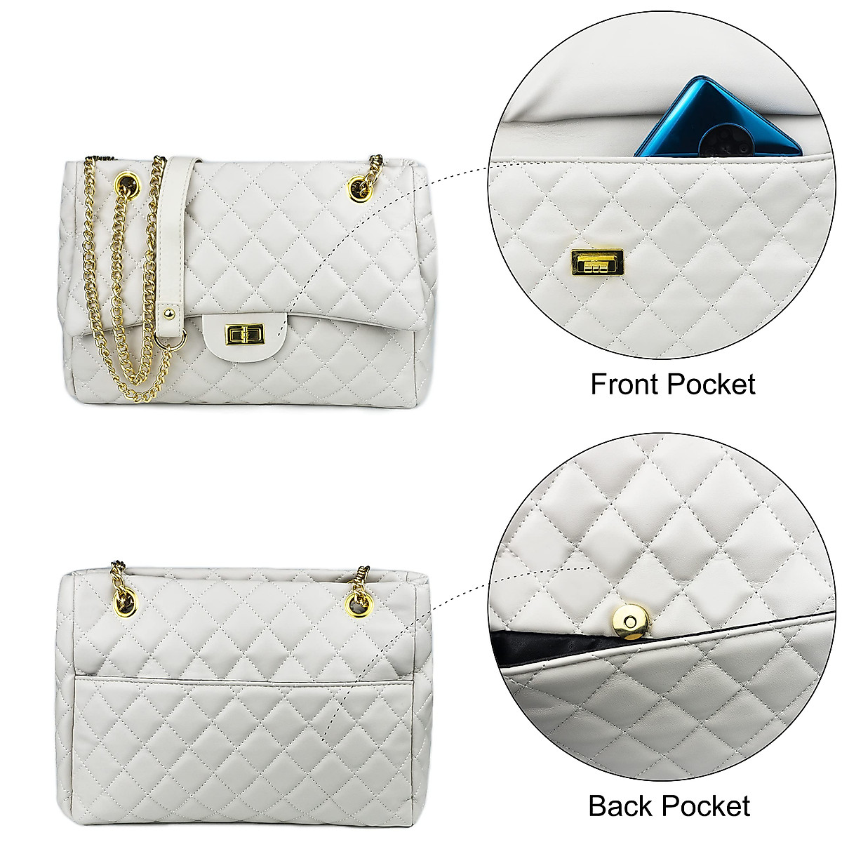 Rejolly Quilted Shoulder Bags for Women PU Leather Ladies Crossbody Handbag Stylish Envelope Purse with Chain Strap (Cream White)