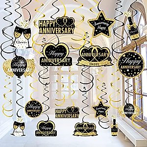 Luxiocio 30Pcs Happy Wedding Anniversary Hanging Swirls Decorations, Black Gold Anniversary Theme Hanging Sign Party Supplies, 10th 20th 25th 30th 40th 50th 60th Anniversary Party Ceiling Decor