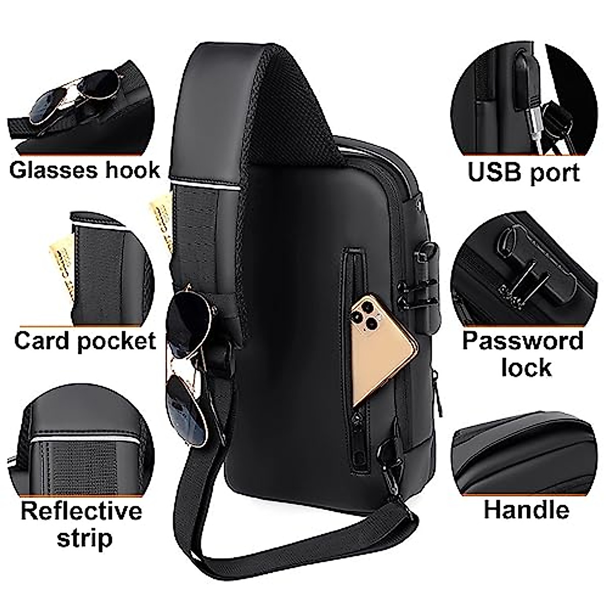 Dwenles Men's Small Anti-theft Sling Bags USB Chest Sling Backpack Waterproof Lightweight One Strap Backpack (Black)