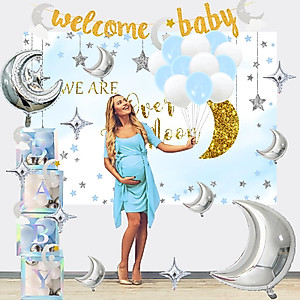 154 PCs Over The Moon Baby Shower Decorations, Fiesec We Are Over The Moon Baby Shower Decorations Backdrop Balloon Garland Glitter Banner Cake Cupcake Topper Boxes Cutout Starry Night Galaxy Sliver