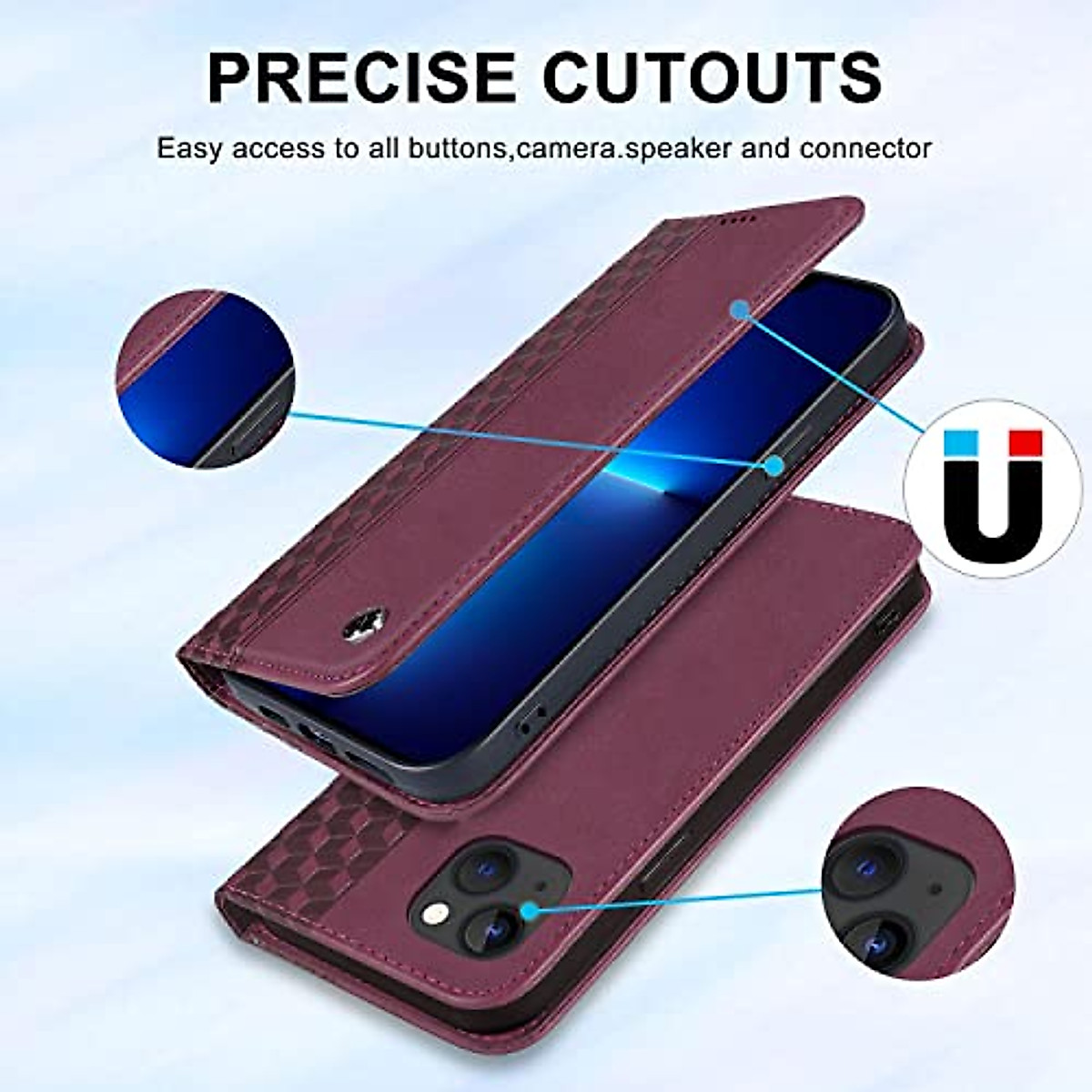 Oduio Wallet Case for iPhone iPhone 13 6.1 inch - [Strong Magnetic] PU Leather Folio Flip Case with Card Holder Kickstand Protective Phone Cover - Wine Red
