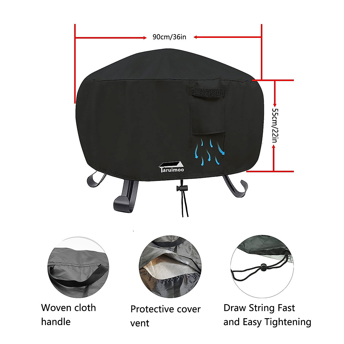 Taruimoo Fire Pit Cover Round for Fire Pit 22- 48 Inch,Outdoor Full Coverage Patio Round Firepit Cover with Built-in Vents ,Waterproof Dustproof Anti UV and Tear Resistant (36" D x 22" H)