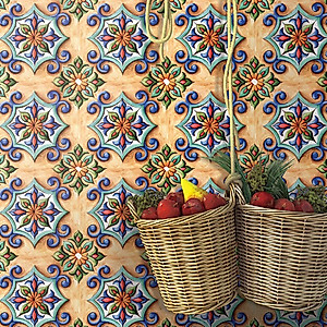 Self-Adhesive DIY Stickers Peel and Stick Wall Backsplash Decals Home Tiles for Kitchen/Living Room/Bathroom in Moroccan Portuguese Mexican Talavera Design - Pack of 6