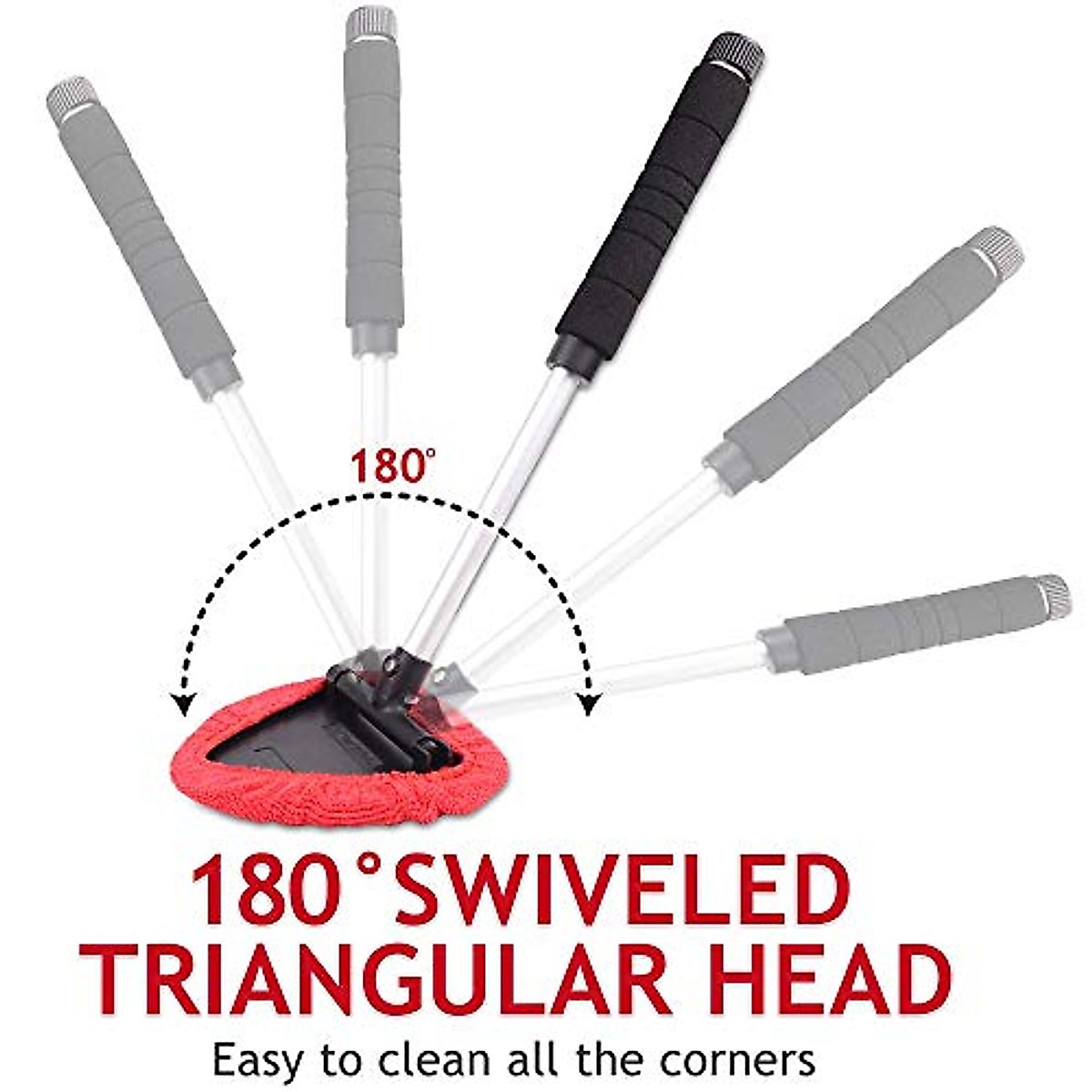 Windshield Window Cleaner Tool, Unbreakable Extendable Long-Reach Handle, Unique Pivoting Triangular Head, 3 Washable Reusable Microfiber Bonnets, Car & Home Inside Interior Exterior Use - Lint Free
