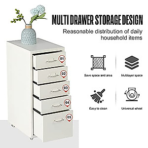LONABR 5 Drawer Chest Metal Storage Dresser Cabinet with Wheels & Handle Slim Night Table for Home Office Cabinets,White