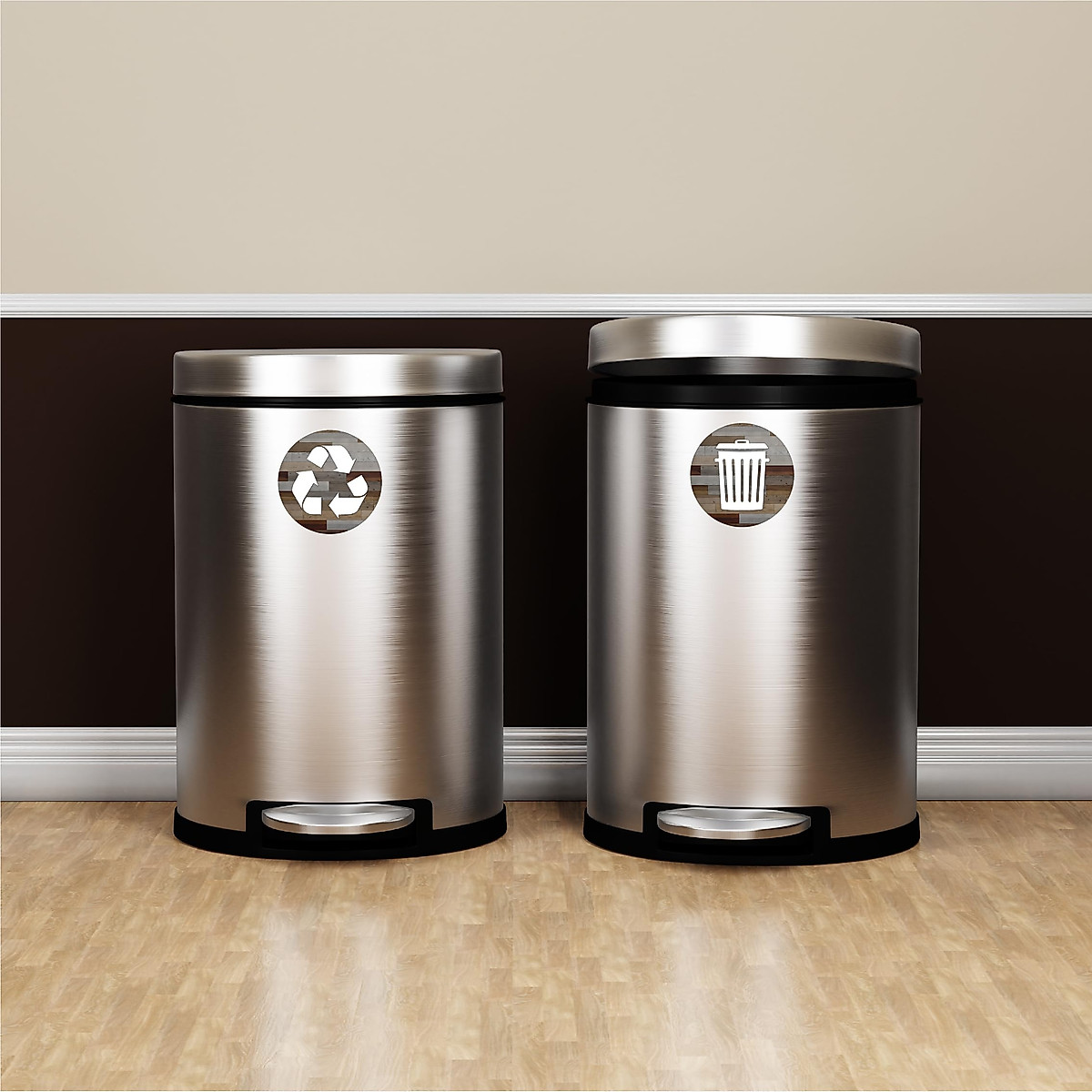 Recycle and Trash Logo Stickers (6 Pack) - Textured - for Metal or Plastic Garbage cans, and Bins - Indoor & Outdoor - Laminated and UV Protected Premium Decal 2567 (Wood Planks - Brown, Small)