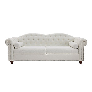 LAVHOME 84" Classic Chesterfield Living Room, 3 Seater Tufted Sofa with Scroll Arms, Upholstered Couch Furniture for Apartment Office, Fabric (White)