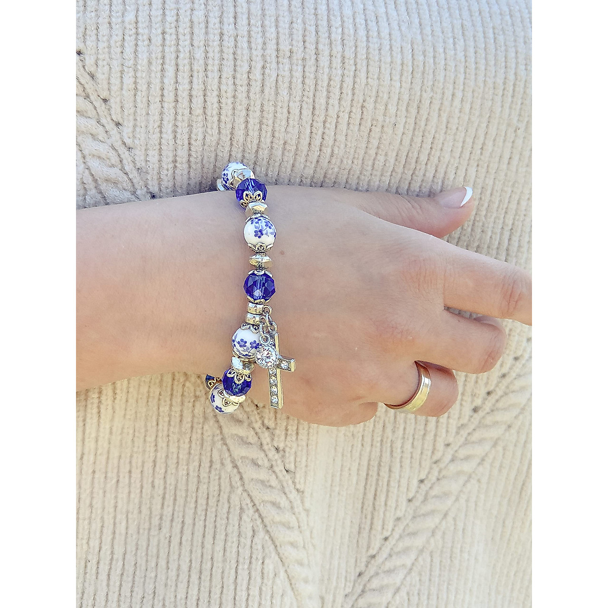 Nazareth Store Handmade Crystallized Glass Beads Cross Bracelet with Ceramic Flower Beads Religious Christian Bangle for Women and Men (Blue)