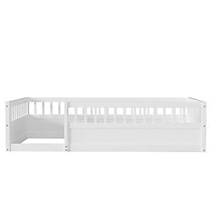 FUQIAOTEC Twin Size Kids Floor Bed Frame, Montessori Wood Floor Bed with Safety Guardrails and Slats for Bedroom Playroom, White Fence, 78" W x 41" D x 20" H