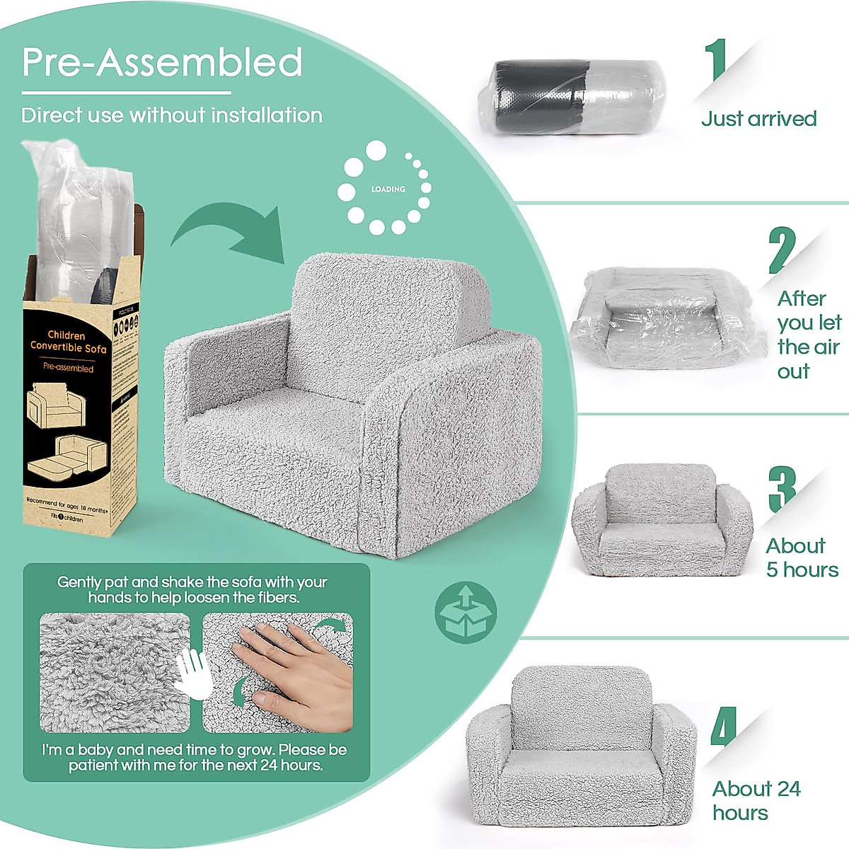 ACRABROS Kids Couch Toddler Chair: Sofa Bed Fold Out for Girls Boys Grey