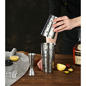 Cocktail Geek Etched Bartender Kit Cocktail Shaker Set-7 Pieces Stainless Steel Etching Bar Tools with Boston Shaker,Bar Spoon,Cocktail Muddler,Double Jigger,Cocktail Strainer,Ice Tongs