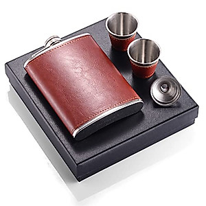 ULTRGEE Hip Flask, Leakproof Flasks [8oz] with 2 Cups & Funnel, Men’s Gift Flask for Whisky Liquor Spirits Adopted Stainless Steel & Brown PU Leather