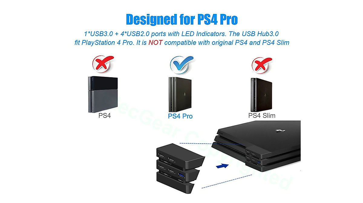 ElecGear PS4 Pro USB Hub 3.0 - 5-Port Extension Adapter