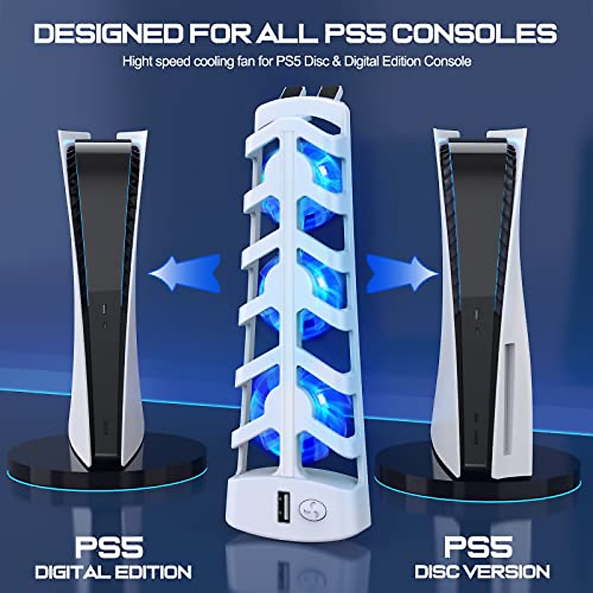 EUROA Cooling Fan, Efficient Cooling System with 5200RPM Cooling Fans&LED Light Compatible with Playstation 5, Upgrade Accessories Cooler Fan Cooling Fan for PS5 Console Disc&Digital Edition, USB Hub