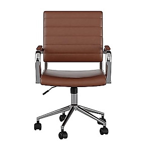 Martha Stewart Piper Swivel Task Chair with Armrests for Home Office in Saddle Brown Faux Leather with Polished Nickel Frame